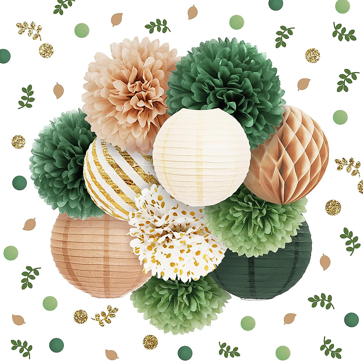 AOBKIAT Wedding Party Decorations,12 PCS Olive Green Paper Lanterns and Pom Poms Flowers for Neutral Baby Shower,Engagement,Birthday,Boho Bridal Showers