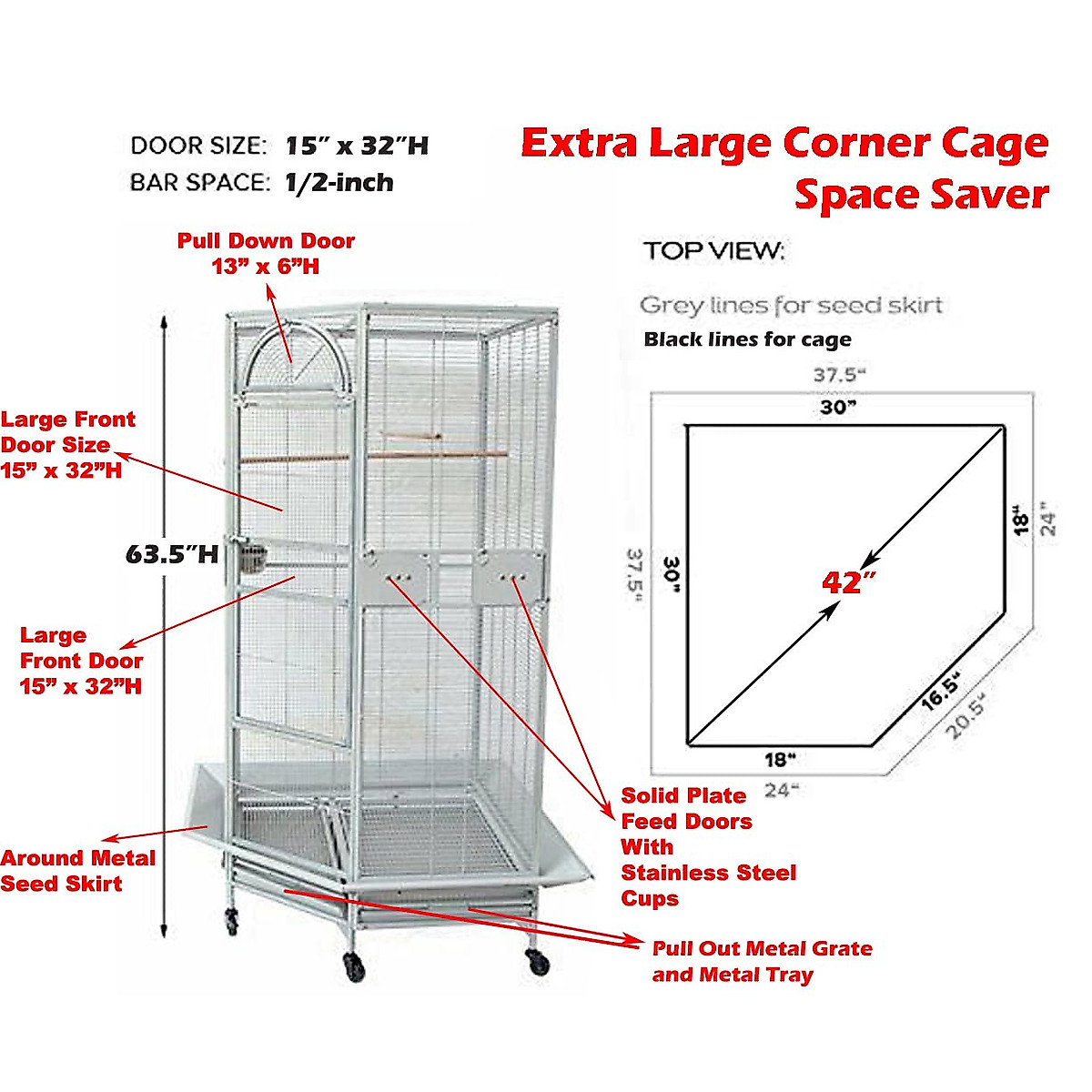 Extra Large Corner Flight Bird Rolling Cage for Cockatiel Aviary Canary Parakeet Budgies Parrot with Metal Seed Skirts