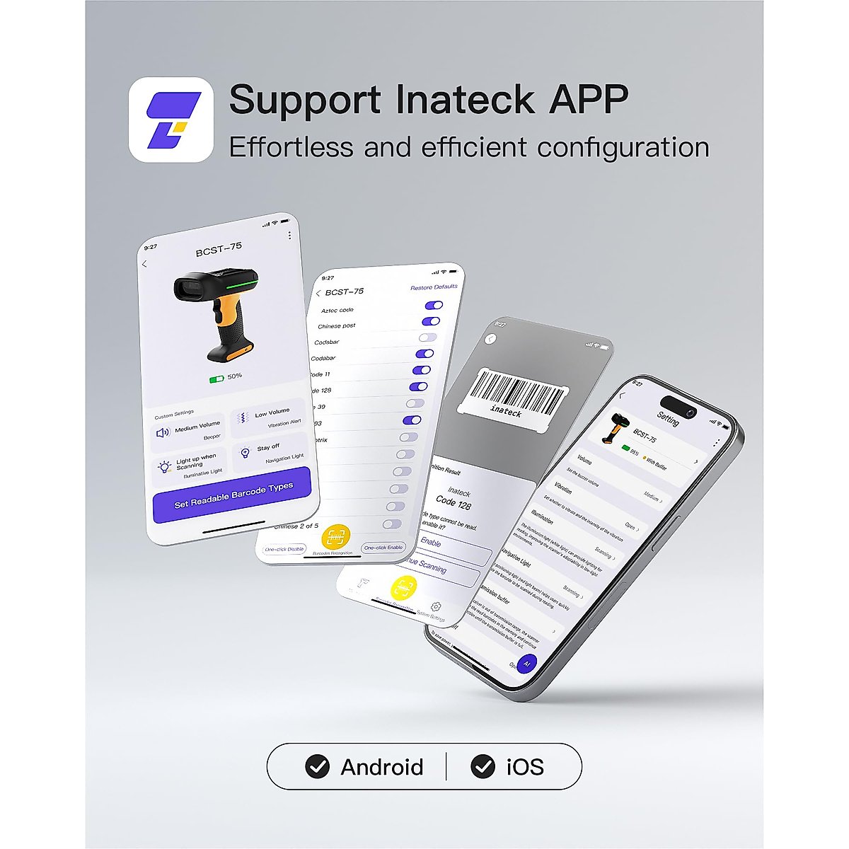 Inateck Industrial Barcode Scanner Bluetooth, 1D 2D QR Code Scanner Wireless with IP67 Waterproof and Dustproof, Handscanner with App & SDK, BCST-75