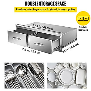 Mophorn 30" W x 10" H x 20" D Horizontal Double Access Stainless Steel with Handle BBQ Island Drawers for Outdoor Kitchens or Patio Grill Station, 30W x 10H x 20D Inch