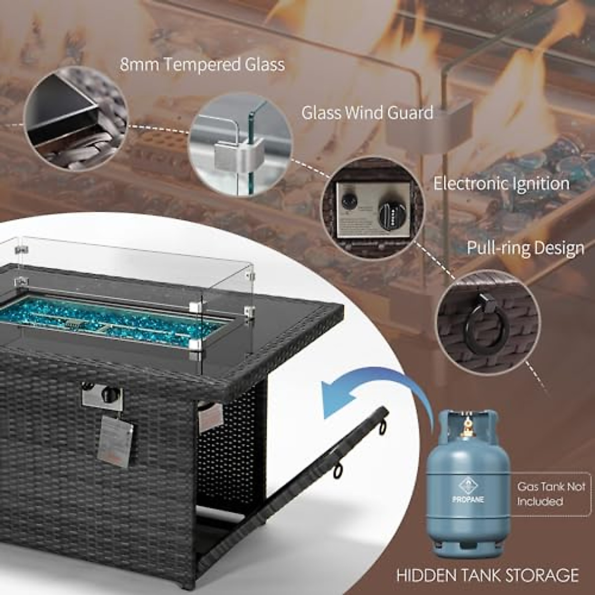 High-Craft 43'' Rectangular Patio Propane Fire Pit Table Gray PE Wicker 55,000 BTU H-Burner Dural Heating Outdoor Firepits 8mm Glass Top & Aluminum Frame Anti-Rust with Cover & Windguard