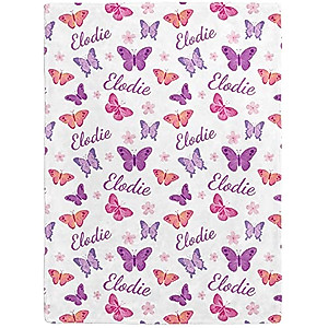 Personalized Baby Blankets for Girls with Name and Purple Butterflies - Customized Blankets for Baby Shower, Birthday, Christmas - Personalized Baby Gifts for Newborn, Infant, Toddler, Kid