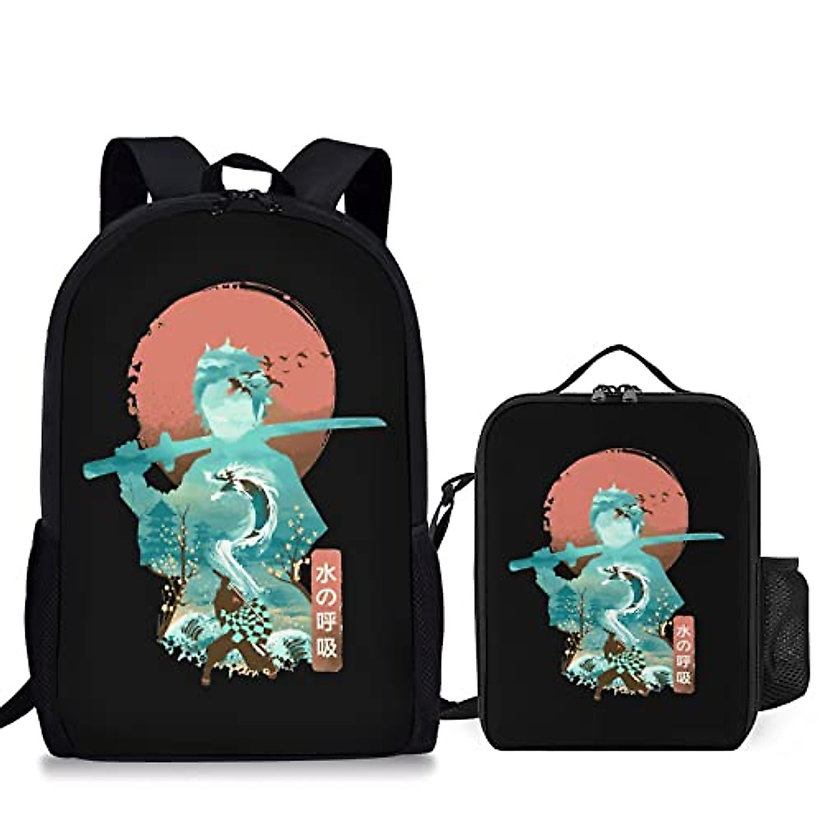 Qtubzad 2PCS Anime Backpack with Lunch Bag,3D Print Backpack 17 Inch,Portable Cartoon Lunch Box for Outdoor/Work/Travel
