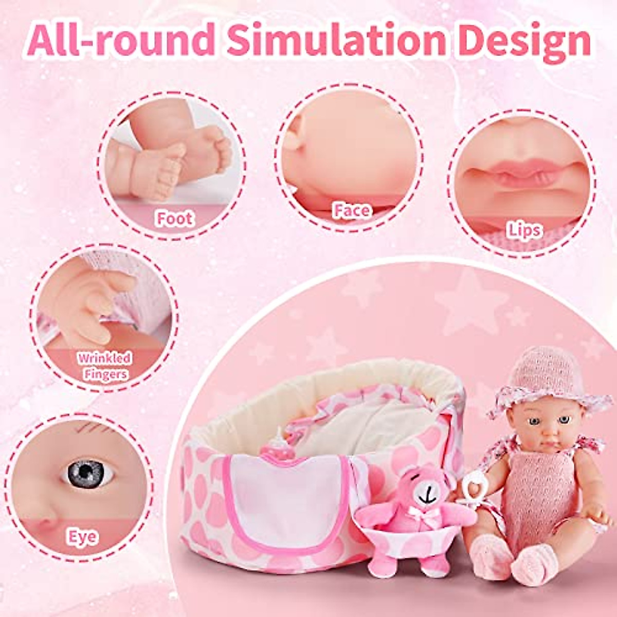 deAO 13 Inch Newborn 26 PCS Baby Doll with Clothes Doll Accessories Reborn Realistic Baby Dolls with Carrier Bassinet Bed,Pillow & Caring Set Baby Grow Up Doll for Kids Girl