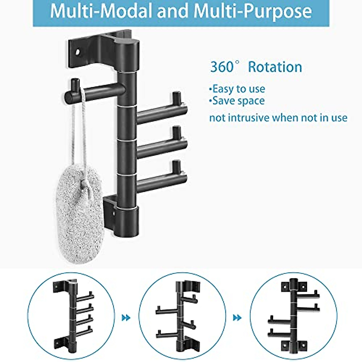 Rotating Coat Hooks for Hanging with 4 Swivel Arms,Multiple Bathroom Wall Mounted Towel Hooks,Heavy Duty Wall Clothes Hooks,Wall Coat Rack Hat Hooks,Shower Sponges Bathrobe Key Holder Hanger (Black)