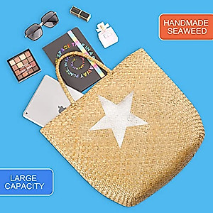 YIFANZHIBIAN Woven Seagrass Handbag,Fashion Straw Bag for Women 2022, Cute Pattern Large Seagrass Summer Beach Bag, Natural and Handmade Shoulder Straw Bag for Shopping and Gardening