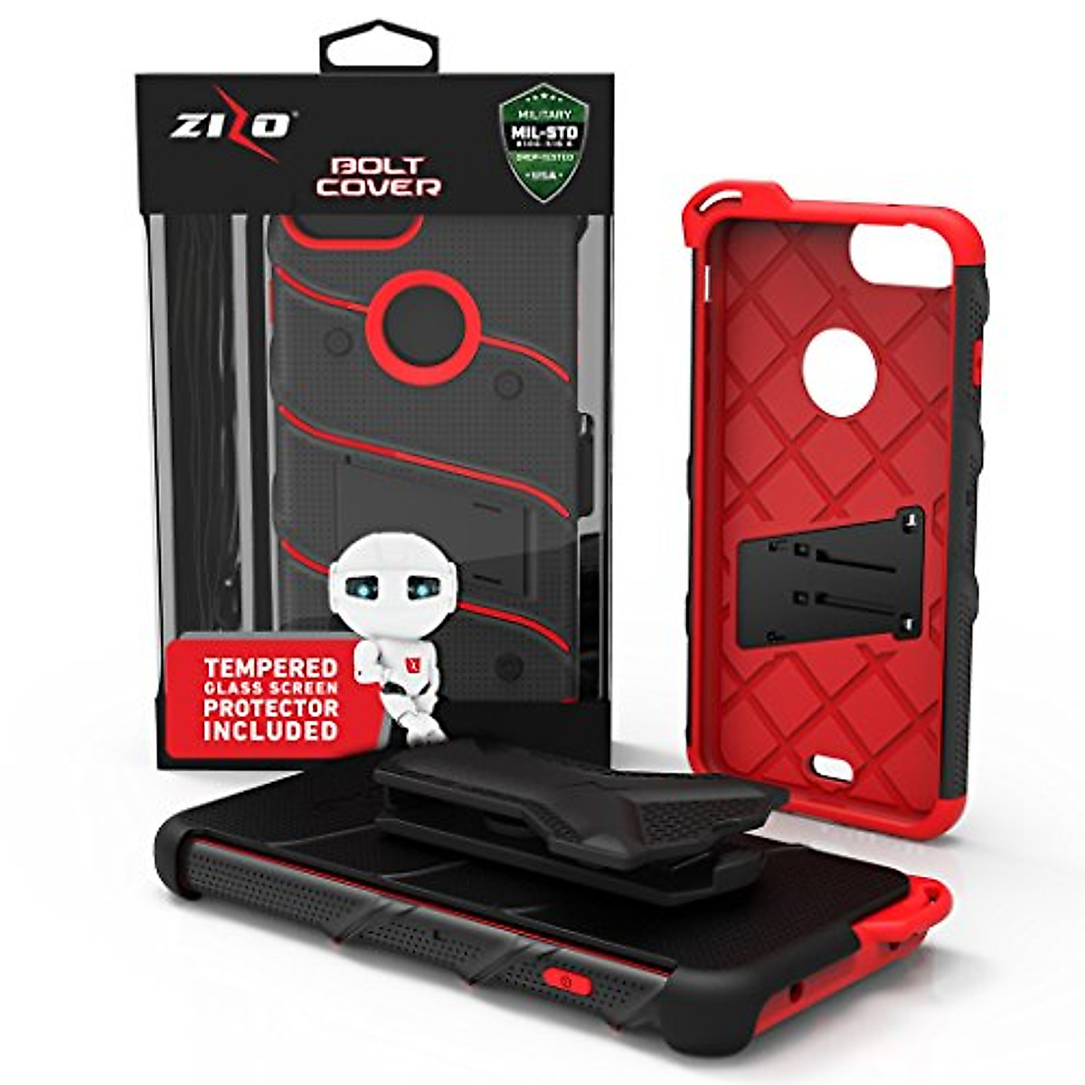 ZIZO Bolt Series for iPhone 8 Plus Case Military Grade Drop Tested Tempered Glass Screen Protector Holster iPhone 7 Plus case Black RED