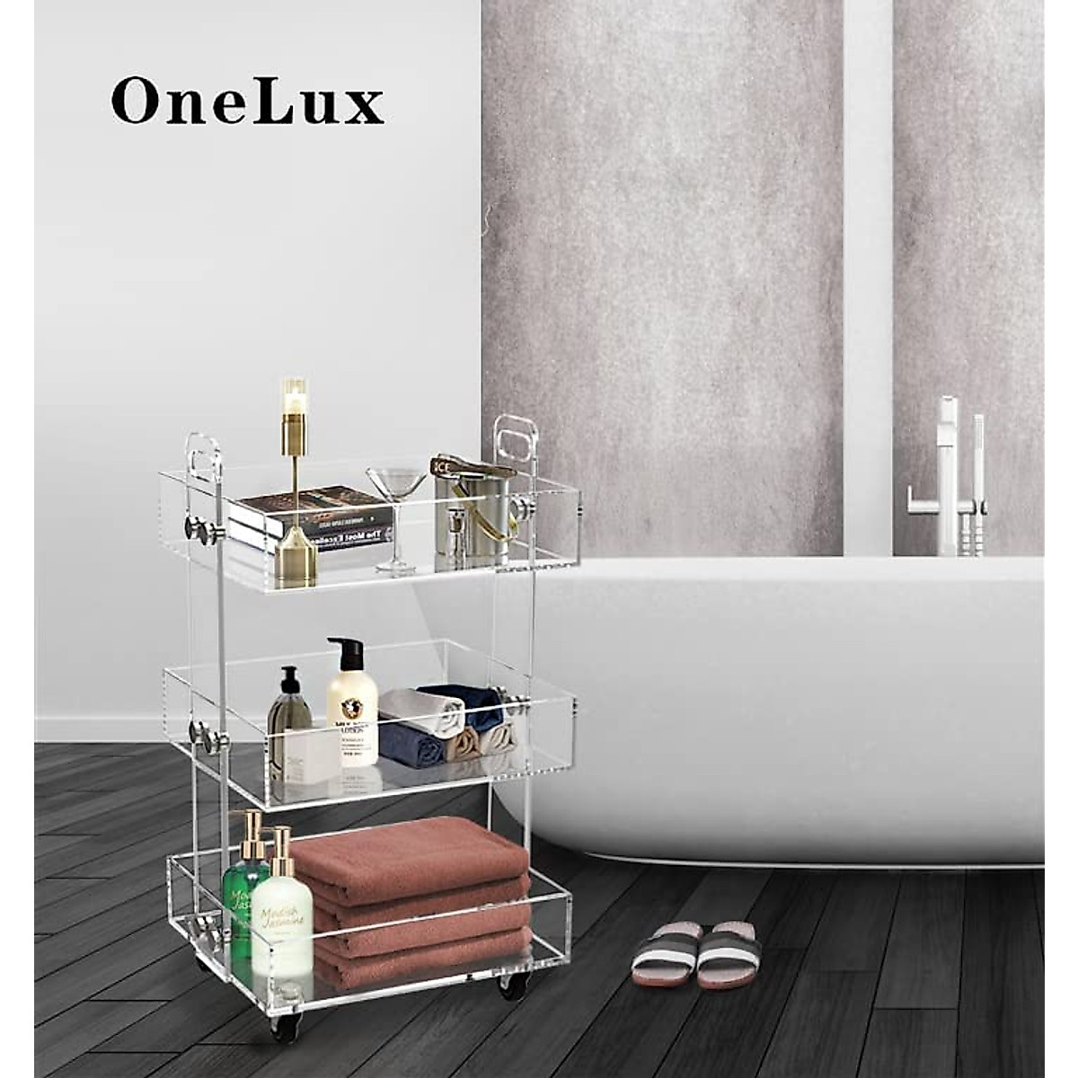 ONELUX 3-Tier Acrylic Utility Rolling Cart, Multifunction Storage Cart On Wheels