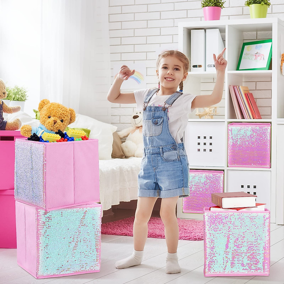 6 Pcs Christmas Foldable Sequin Storage Basket Bin 10 Inch Large Fabric Storage Cubes Storage Bin Closet Bins Christmas Bins Shelf Baskets Kids Toys Organizer Boxes for Christmas Home(Pink)