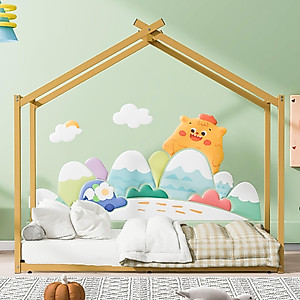 Merax Metal Twin Size House Platform Bed with Trundle, Floor Bed Frame with Roof & Slat, Twin to King Design Playhouse Beds for Kids, Gold