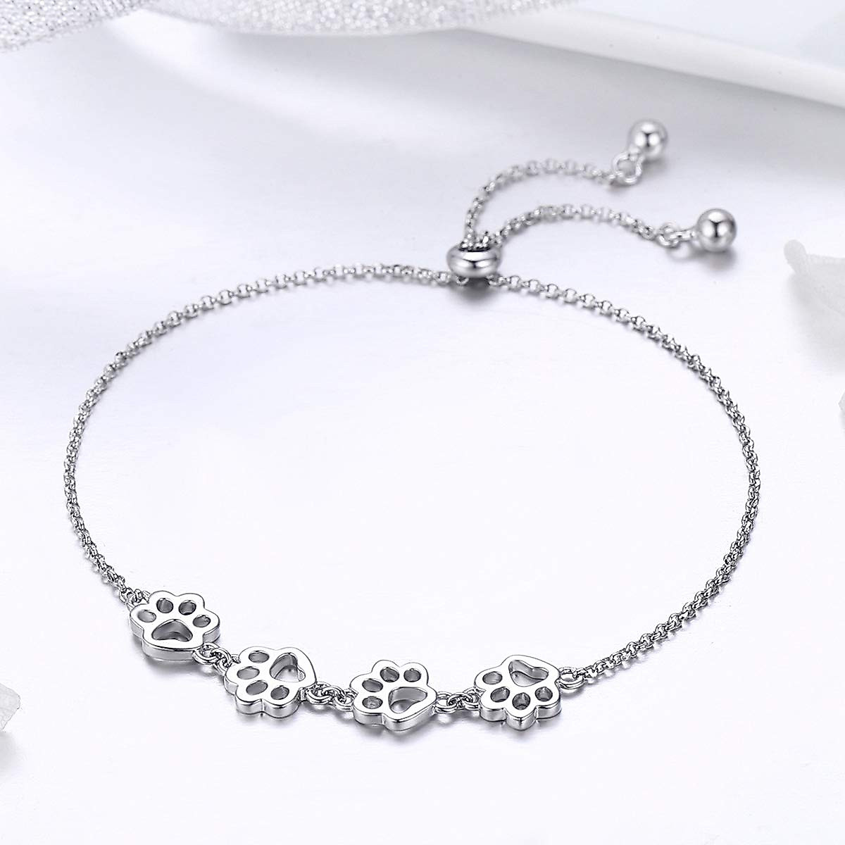 BISAER 925 Sterling Silver Dog Cat Paw Prints Bracelets Cat Bracelet Adjustable Bracelets for Women Dog Mom Pet Lover Gifts Jewelry