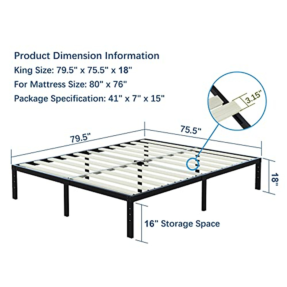 ONEMO King Size Bed Frame 18 Inch Height 3000lbs Heavy Duty Metal Pipe Platform Solid Wood Slats No Box Spring Needed Easy to Assemble Noise Free-Black