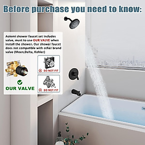 Aolemi Tub Shower Faucet Set With Valve Wall Mount Shower Trim Kit 6 Inch Bathtub Fixtures Rough-in Valve Single-Spray Shower Head System 5.3 Inch Tub Spout Matte Black Modern