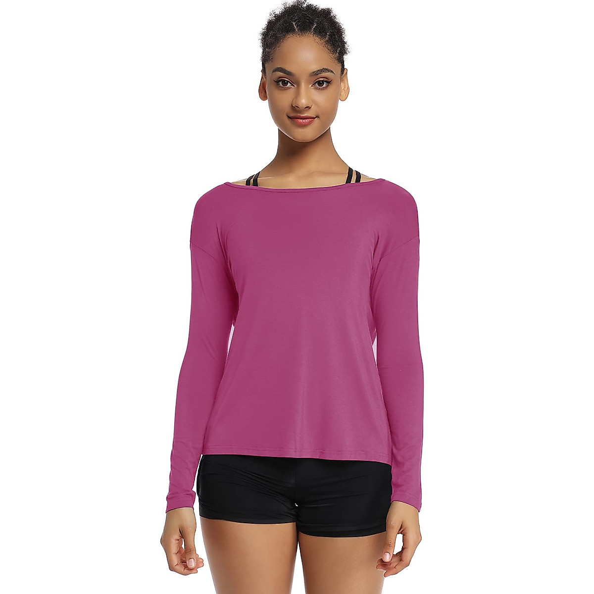 Muzniuer Women's Long Sleeve Yoga Shirts Workout Shirts Backless Cross Back Open Shirts Yoga Top Soft Fitness Shirts for Women Long Sleeve Running Shirts Rose Red M