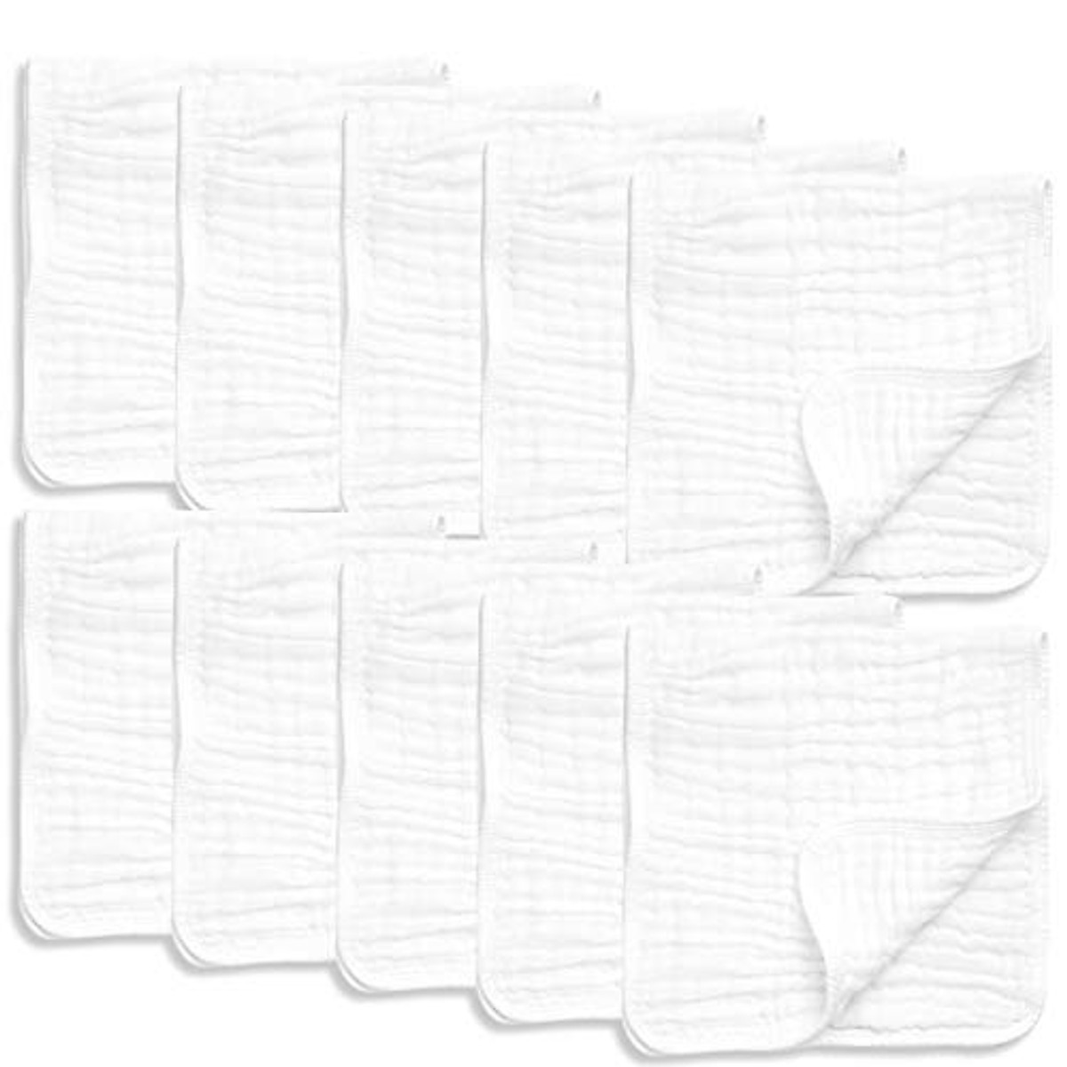 AllSett Health 10 Pack Muslin Burp Cloths Large 20" by 10" 100% Cotton, Hand Wash Cloth 6 Layers Extra Absorbent and Soft White