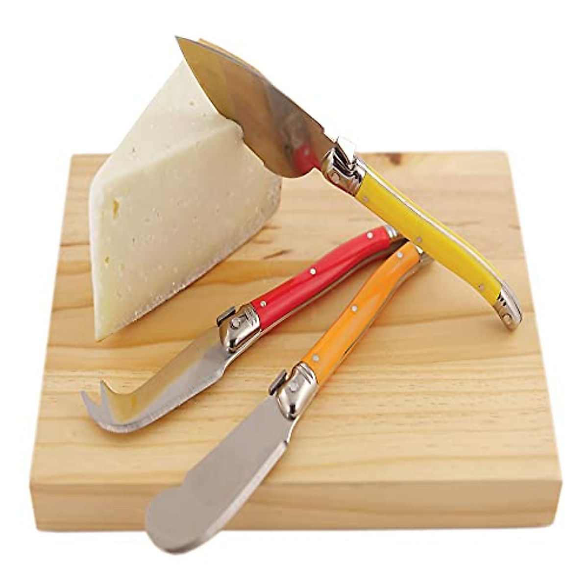 True Sunnyside Cheese Knives, Set of 3 Stainless Steel and Enamel Tools, Includes Wood Storage and Cheese Tray, Entertaining Gift Set