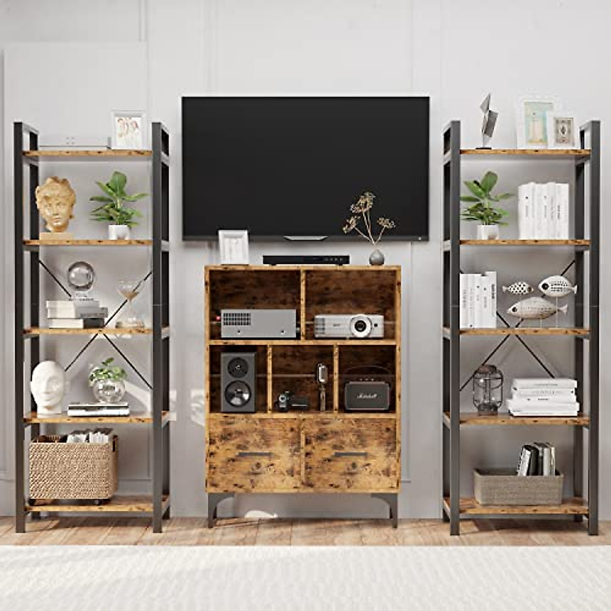 IRONCK Bookshelf, 3-Tier Cube Bookcase with 2 Drawer with Metal Legs, 9.4" D x 32" W x 43" H Office Bookshelves for Living Room, Office, Bedroom Easy Assembly