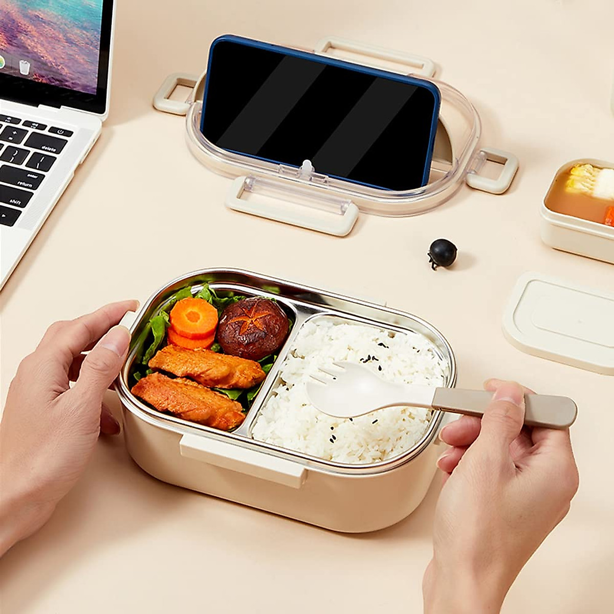 VANDHOME Bento Box Stainless Steel Lunch Box with Cutlery 2-Compartment Lunch Container Reusable Bento Lunch Box, Suitable for Office, Work Meals, BPA-Free Leak-Proof Bento Box (Beige 900ml)