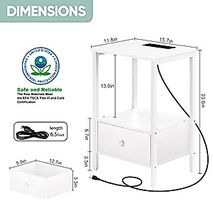 melos Side Table with Charging Station, Nightstand with USB Ports & Power Outlets, Narrow End Table with Drawer and Storage Shelf for Small Spaces, Bedside Tables for Bedroom, Living Room, White