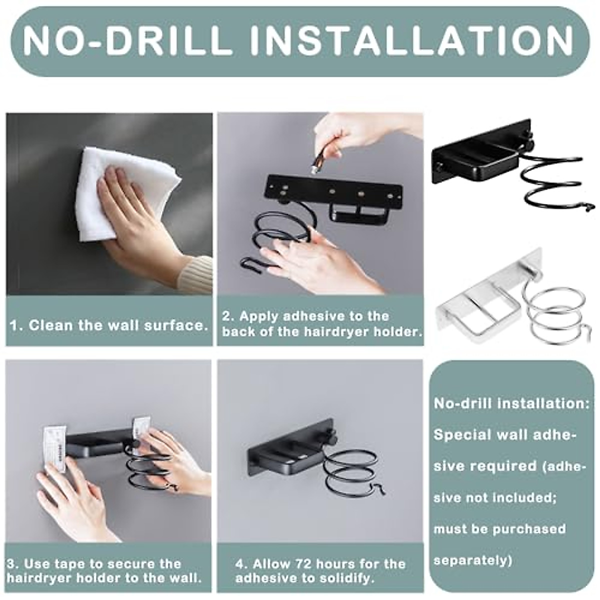 Hair Dryer Holder Wall Mount(No Drilling),Hair Dryer Organizer,Curling Iron Holder,Easy to Install,Space Saving,Bedroom and Bathroom Hair Tool Organizer for Hair Dryer,Curling Iron(Silver)