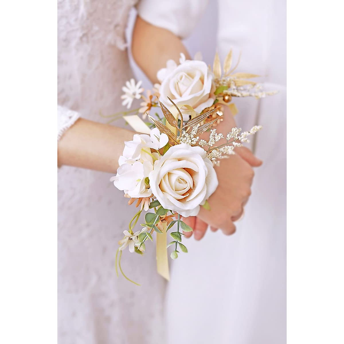 Ansofi 6Pcs Wrist Corsage Wristlet Band Bracelet for Bride Bridesmaid Champage Rose Artificial Flowers Accessories for Wedding Formal Dinner Party and Prom Decorations