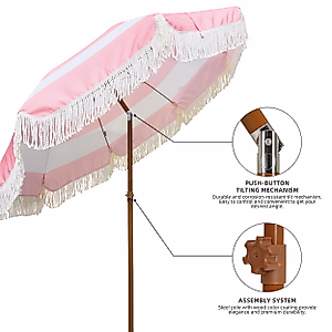AMMSUN 7ft Patio Umbrella with Fringe Outdoor Tassel Umbrella UPF50+ Premium Steel Pole and Ribs Push Button Tilt, Riviera Pink Stripe