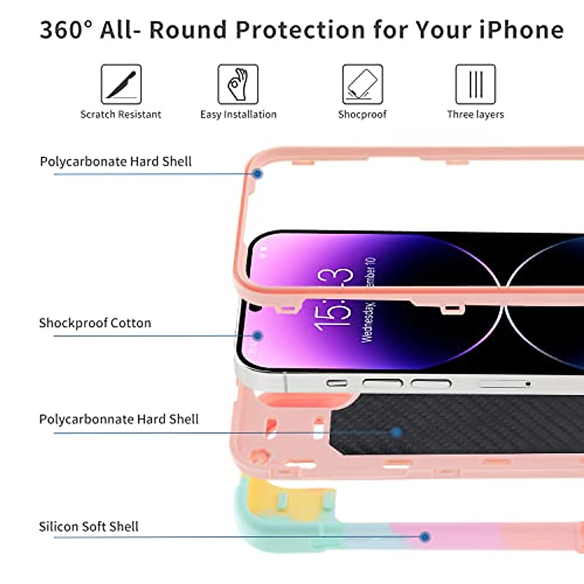 MARKILL Compatible with iPhone 14 Pro Max Case 6.7 Inch with Ring Stand, [Soft Silicone and Hard Plastic ] Heavy-Duty Military Grade Shockproof Phone Cover for iPhone 14 Pro Max. (Rainbow Pink)