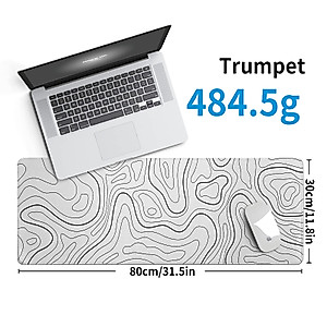 White Big Mousepad for Gaming Large Topographic Map Washable Desk Pad with Stitched Edge Office Supplies and Decor 31.5''x11.8'' Computer Keyboard Protector