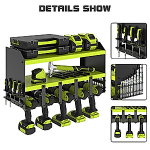 BULL-TECH Power Tool Organizer, 5 Drill Holder Wall Mount with Storage Rack, Cordless Drill Charging Station, Wall Mount Shelf Screwdriver Holder,Premium Garage Storage Organizers(Green)