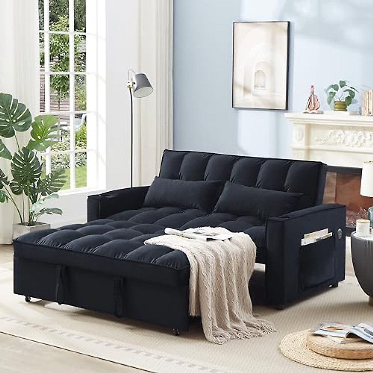 3-in-1 Large Futon Loveseat with Pull Out Sleeper Couch Bed and USB Port,Velvet Tufted Upholstered Love Seat Reclining Backrest Convertible Full Size Sofabed W/2 Cupholders & Pillows for Living Room