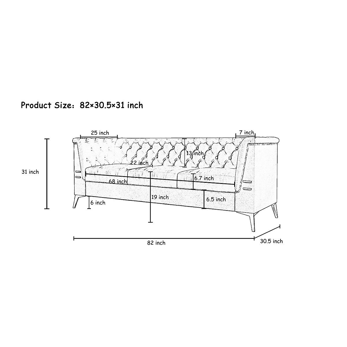 ERYE Mid-Century Modern Velvet Chesterfield Button Upholstered 3 Seaters Sofa Couch, Golden Legs, Flared Padded Armrest,Removable Cushions Cover for Living Room,Bedroom,Office,Apartment, Dorm