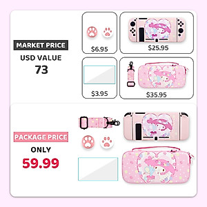 GLDRAM Pink Carrying Case for Nintendo Switch, Cute Anime Accessories Bundle for Cute Girl with Switch Travel Storage, Soft TPU Cover Shell, Screen Protector, Thumb Caps, Shoulder Strap for Girls
