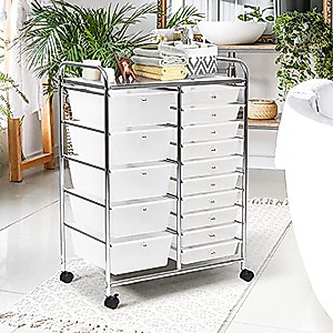 KOTEK 15-Drawer Rolling Storage Cart, Multipurpose Mobile Utility Cart with 4 Wheels, Home Office School Tools Scrapbook Paper Organizer (Clear)