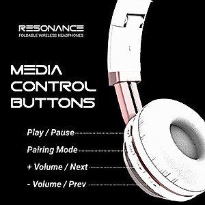 Aduro Resonance Wireless Headphones with Microphone Foldable Over The Ear Headphones with Mic Rechargeable Wireless Headset - White/Rose Gold