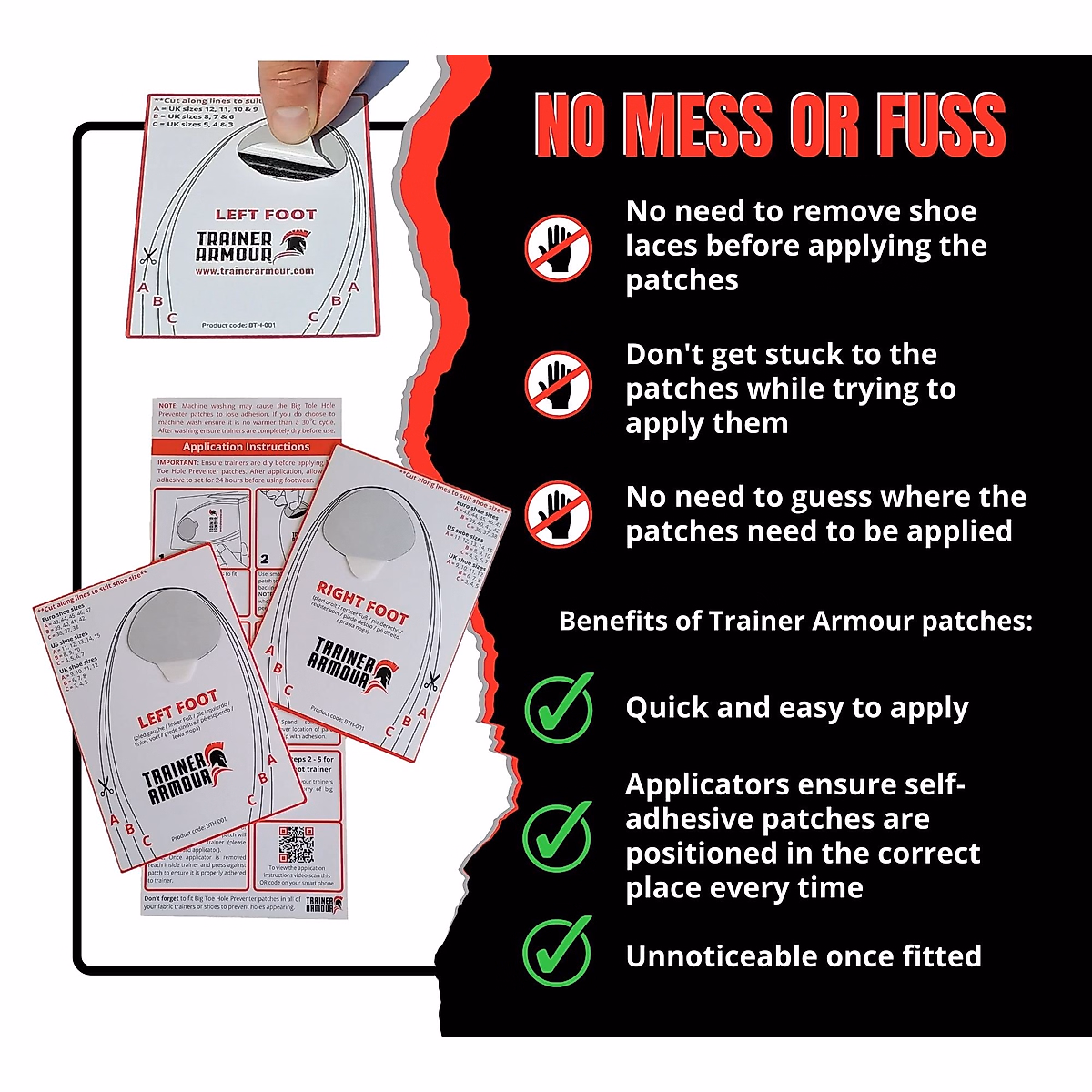 Trainer Armour - Big Toe Hole Preventer, self-Adhesive Patches with a Clever applicator. Shoe Toe Burst Toe Box Blowout Prevention Insert, Toe Hole Area Repair Patch. for Running Shoes and Sneakers.