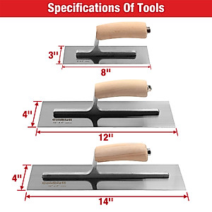 Goldblatt 3 Pieces Drywall Trowel, Carbon Steel Finishing Masonry Trowel Set Includes 14'' x 4'', 12'' x 4'', 8'' x 3'', Lightweight Wood Handle, Plastering Trowel for Sheetrock Wallboard Plasterboard