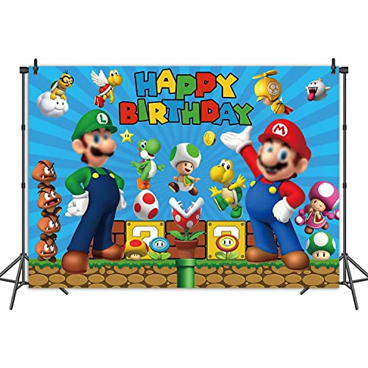 Super Brother Cartoon Backdrop Gold Coin Video Game Background Mushroom Blue Happy Birthday Backdrop for Kids Baby Shower Party Supplies Cake Table Banner Photo Booth Studio Props 5X3FT
