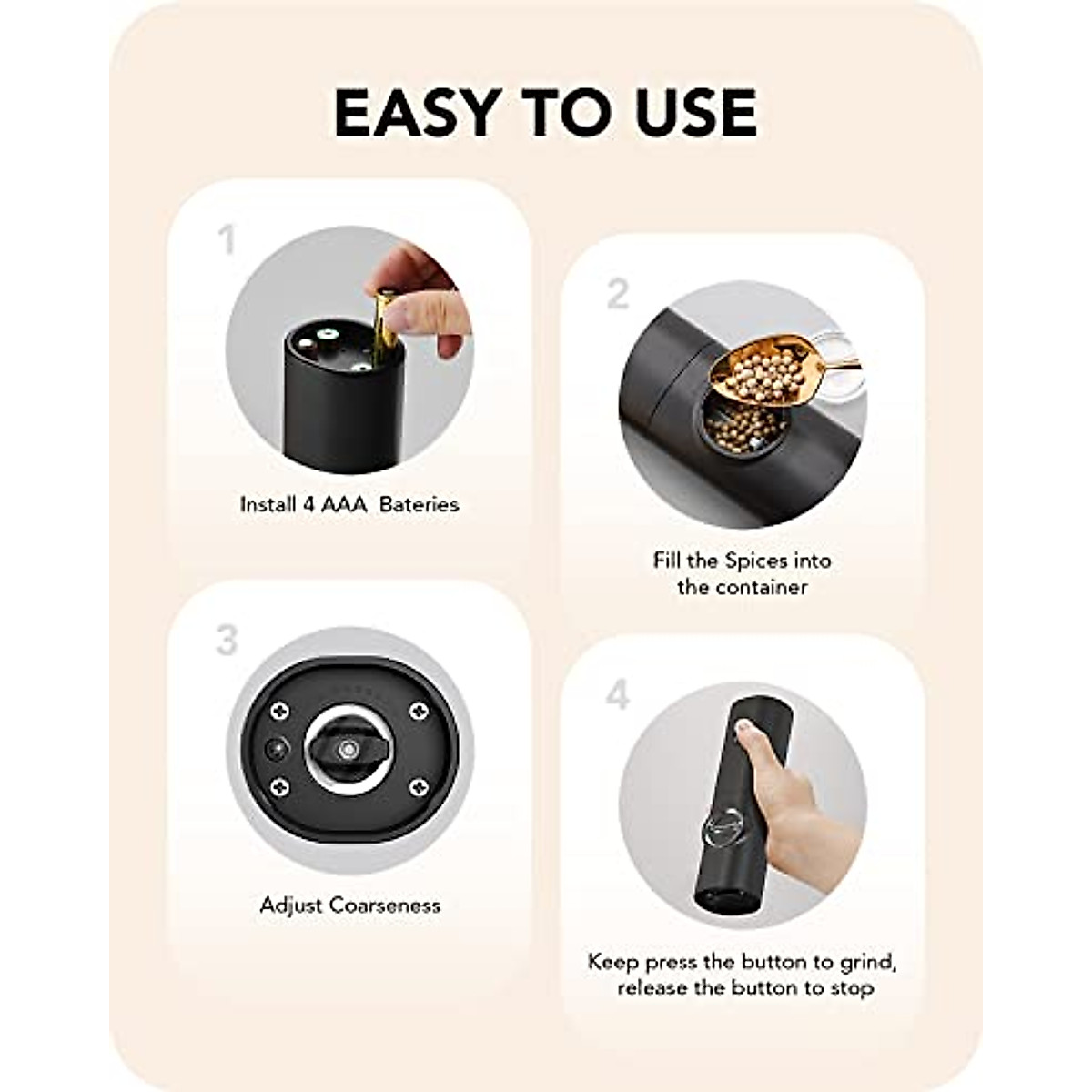 Sangcon Automatic Salt and Pepper Grinder Set, Battery Operated Black Pepper Grinder(without Battery), Kitchen Gadget with White Led Light, Adjustable Coarseness, One-handed Operation, 2 Pack