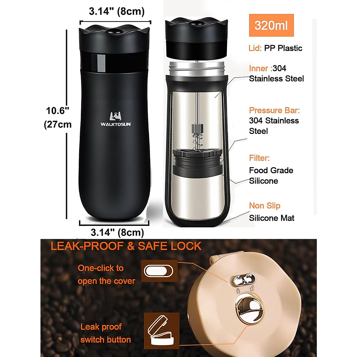Portable French Press Travel Coffee Maker, Double Walled Stainless Steel Vacuum Insulated Coffee Maker and Tea Maker,12 Ounce, Mini Vacuum Mug Filter Coffee Cup for Travel (Black)