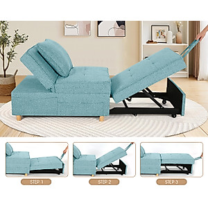 SEJOV Sleeper Sofa Chair Bed,4-in-1 Convertible Sofa Bed Chair with 6 Adjustable Backrest and Pillow, 3-Seat Pull Out Sleeper Chair Linen No Backrest for Bedroom Small Space Living Room, Sky Blue