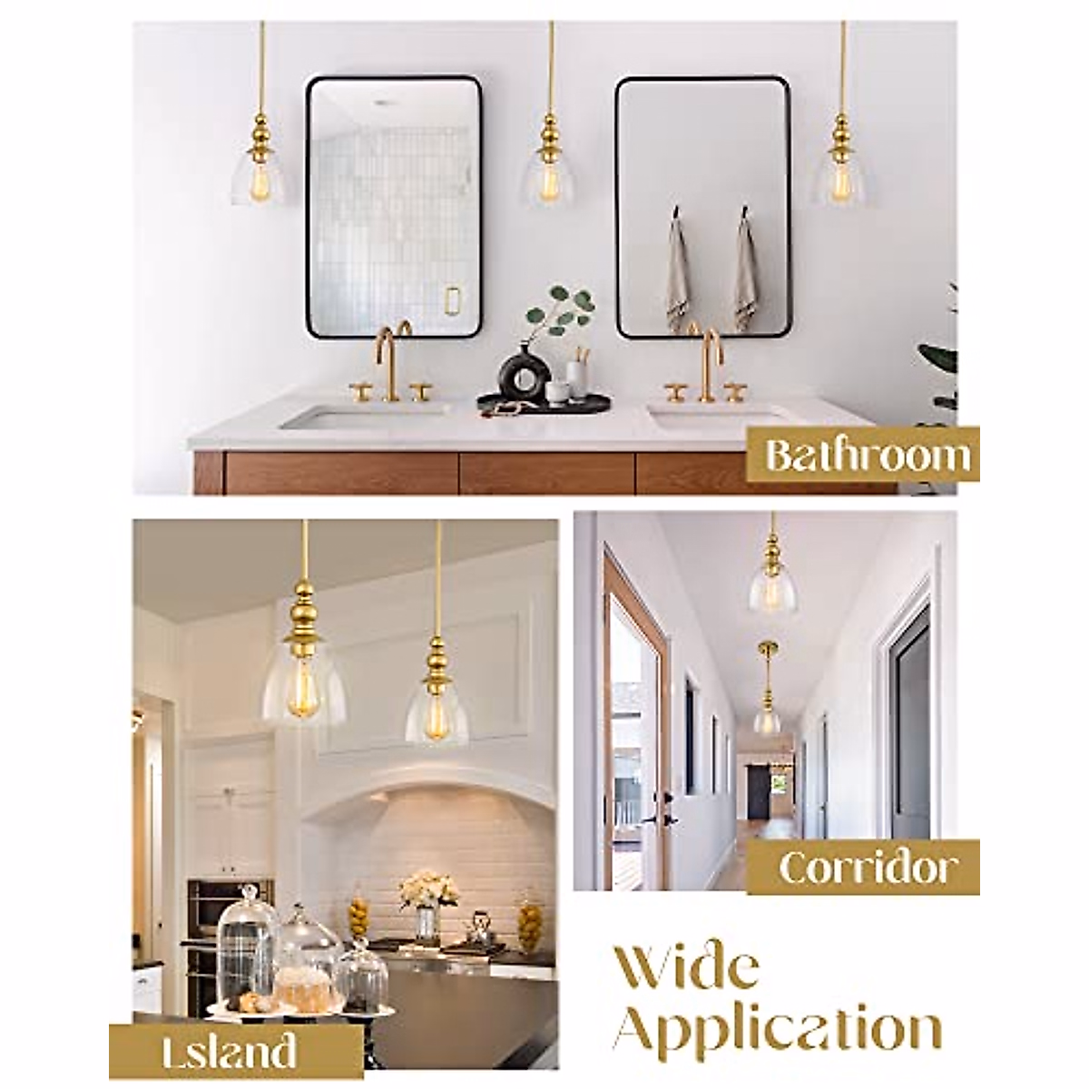 HANASS Pendant Lights, Brushed Gold Pendant Lighting for Kitchen Island, Clear Glass Pendant Light Fixtures, Hanging Light Fixtures with Adjustable Height, MD89426-A