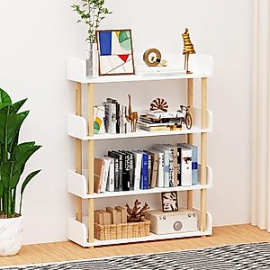 Petpvilit 4-Tier Wooden Bookshelf, Modern Open Bookcase with Top Edge and Solid Wood Frame, Freestanding Bookshelf Storage Organizer for Home Office Living Room