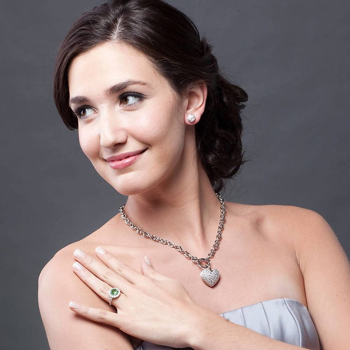 BERRICLE Heart Cubic Zirconia CZ Anniversary Toggle Pendant Necklace for Women, Silver-Tone