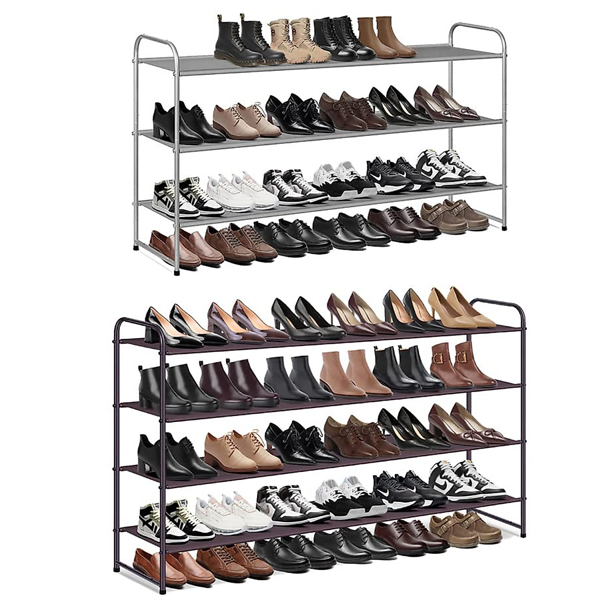 MISSLO Long 3 Tier Shoe Rack for Closet adn 4 Tier Long Shoe Organizer for Closet Shoe Organizer Storage Stackable Wide Shoe Shelf Holds Men Sneakers, Women Heels, Boots