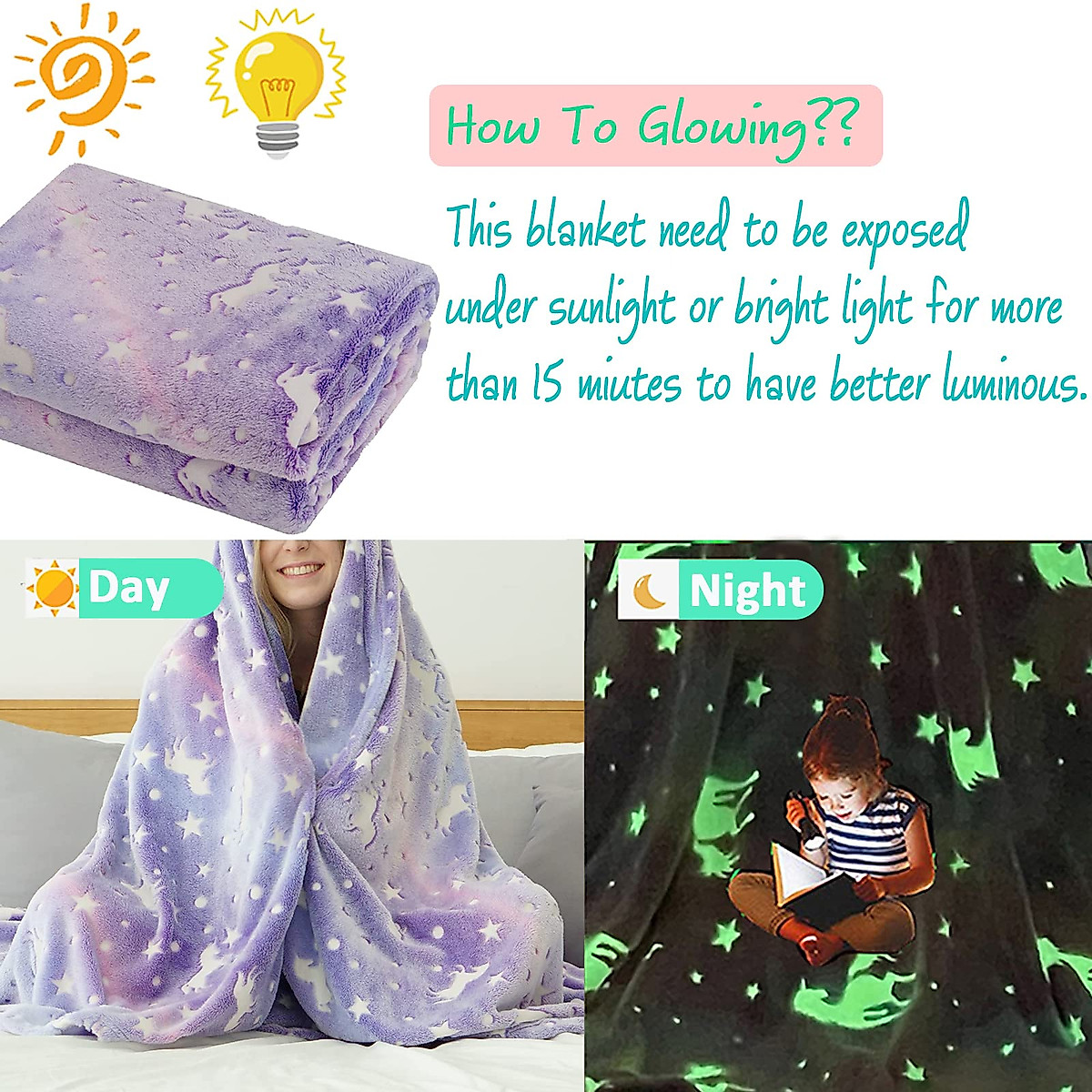 Glow in The Dark Throw Blanket for Kids, Unicorn Super Soft Flannel Blanket for Girls, Best Christmas Birthday Thanksgiving Magical Gifts for Girls Kids(50'' x 60'', Purple)