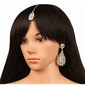 NEW! Touchstone Indian Bollywood Exotic Petals Studded Diamond Look Sparkling Rhinestone Designer Jewelry Chandelier Earrings Mangtika Head Accessory Combo In Gold Tone For Women.