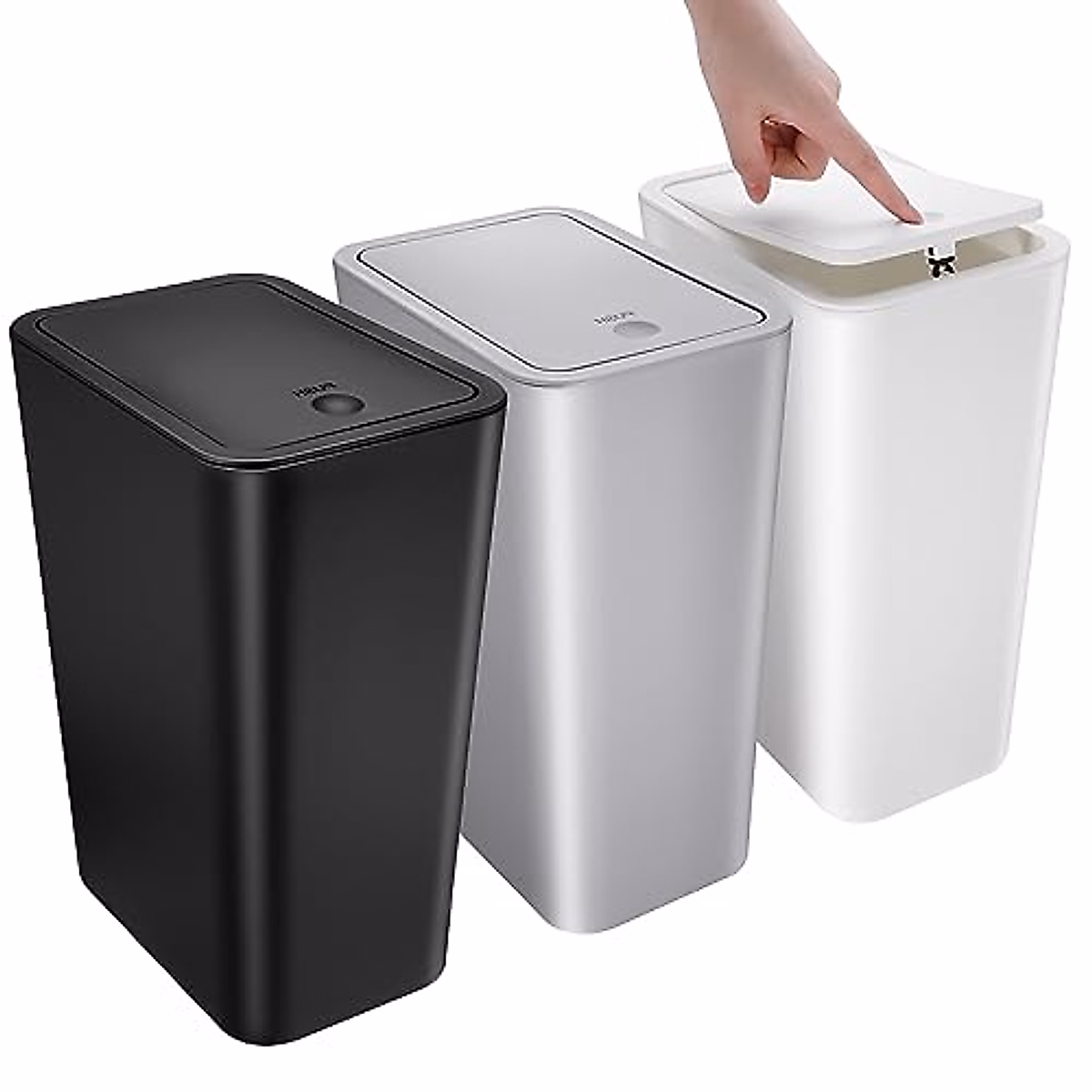 3 Pack Small Bathroom Trash Can with Lid - 10L/2.6 Gallon Slim Garbage Bin, Dog Proof Trashcan, Plastic Wastebasket for Kitchen/Bedroom/Office/Dorm, Fits Under Sink/Desk/Cabinet (Black&White&Grey)