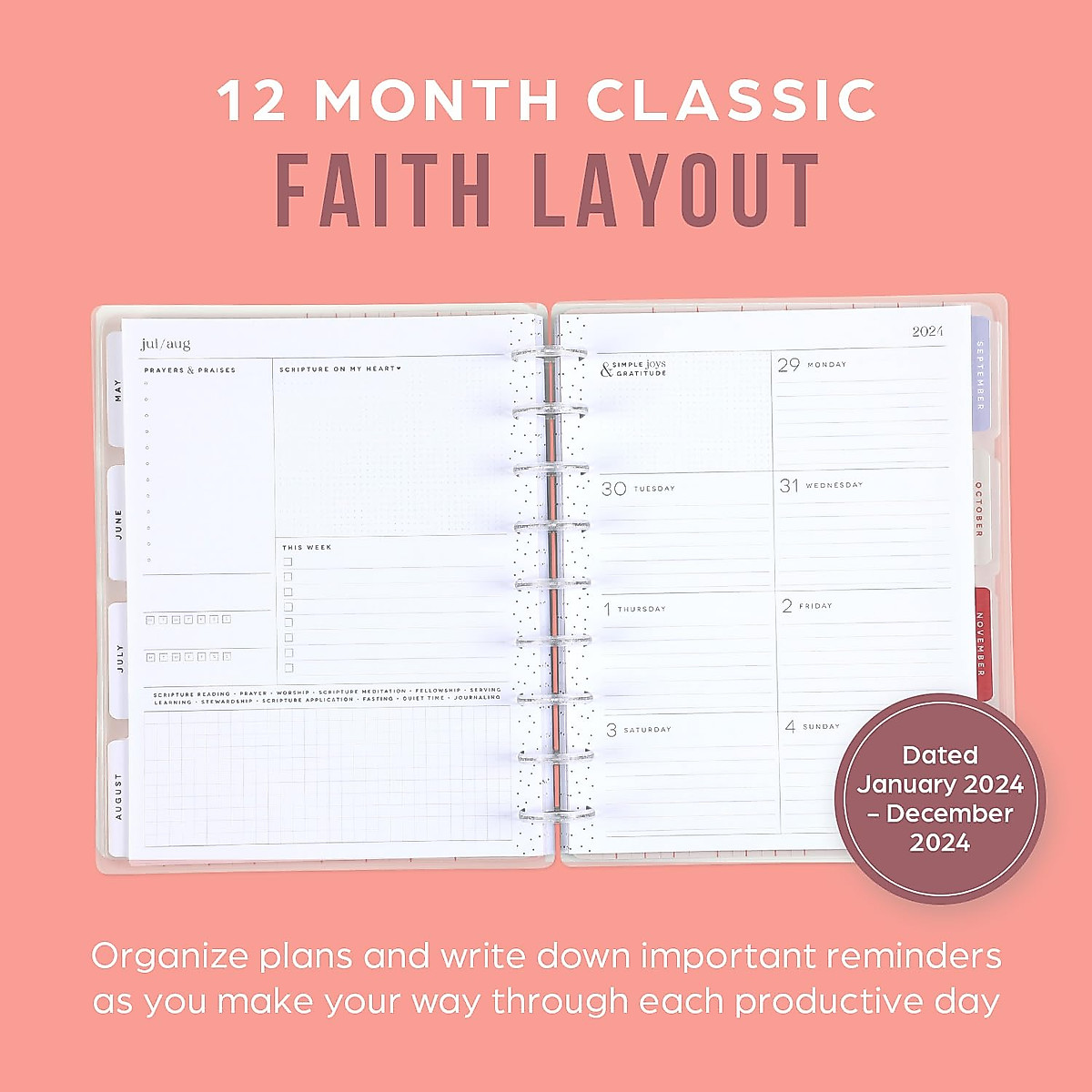 Happy Planner Disc-Bound 12-Month Planner, January 2024–December 2024 Daily, Weekly, Monthly Planner, Classic Size, Faith Layout, Peony & Sky Theme, 7 Inches by 9 3/4 Inches