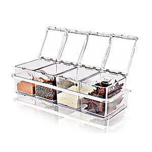 Xpr 4 Pieces Clear Seasoning Box - Cruet with Cover and Spoon,Seasoning Rack Spice Pots for Sugar, Salt, Pepper and Other Spices