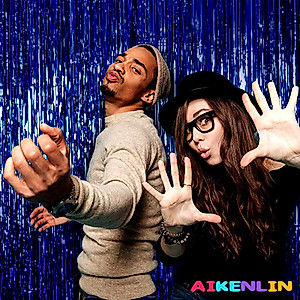 4 Pack 3.2Ft x 8.2Ft Blue Foil Fringe Curtain Backdrop, Metallic Tinsel Foil Fringe Streamers Curtains Background for Photo Booth, Birthday, Wedding, Halloween, Christmas Party Decoration